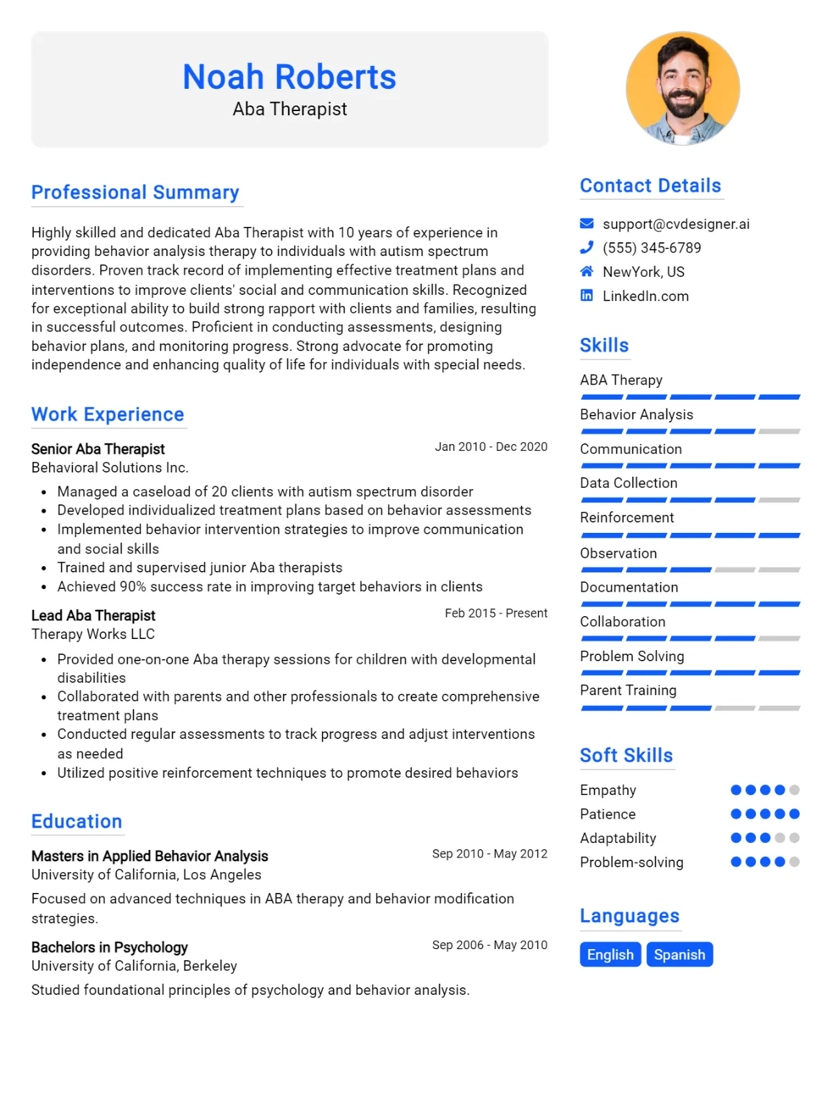 Aba Therapist CV Example For 2025: Strategies & Templates - CVDesigner.ai