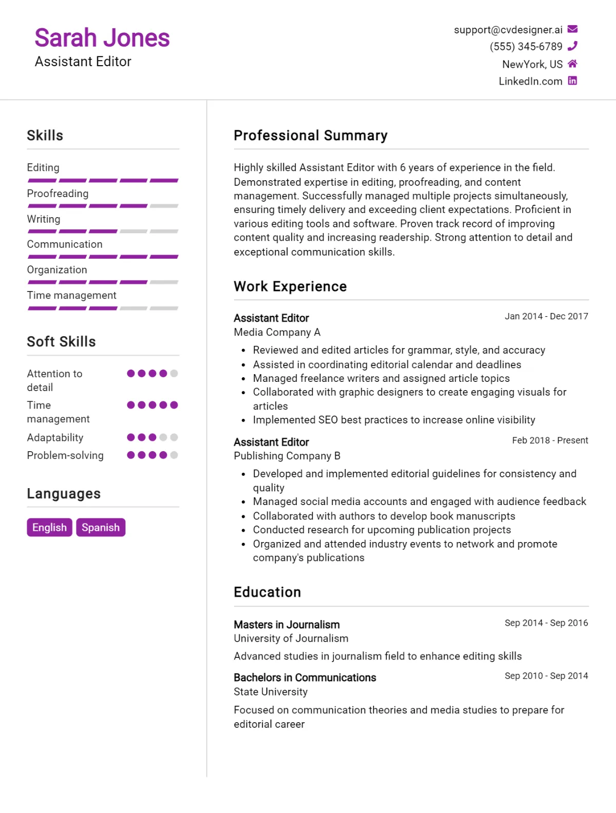 Assistant Editor CV Example For 2024: Best Formatting Tips - CVDesigner.ai