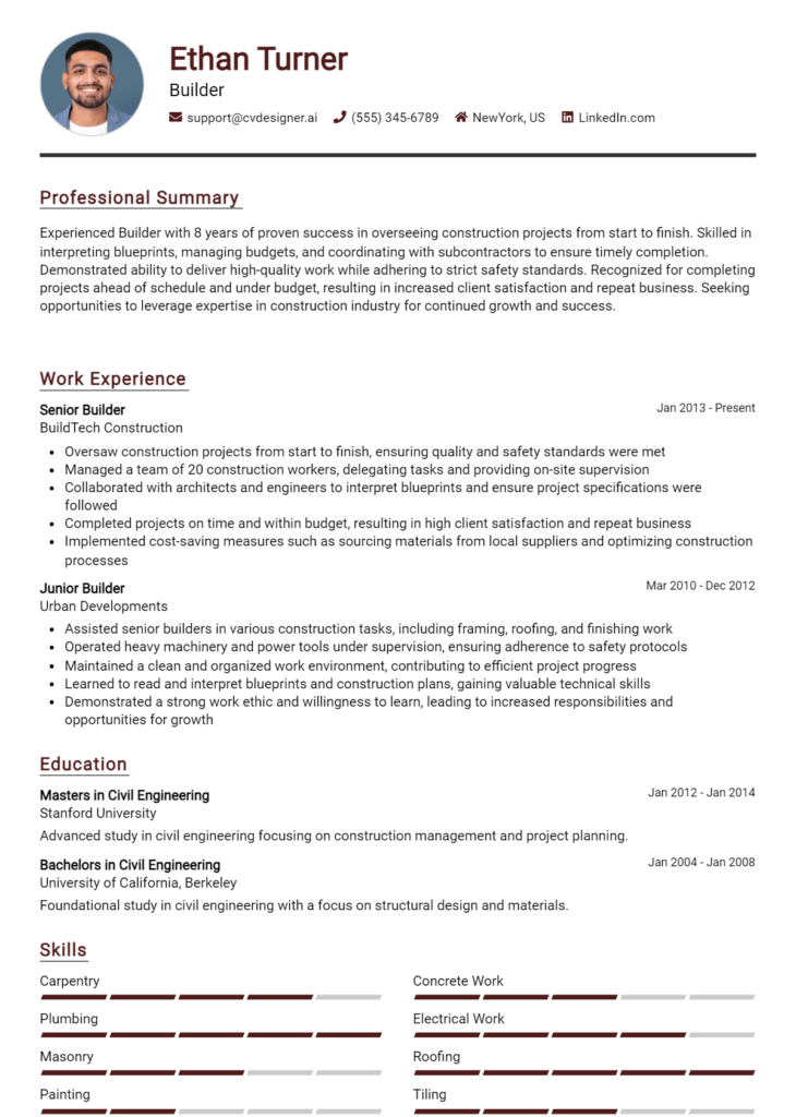 Builder Resume Example for 2024: Best Formatting Tips - CVDesigner.ai