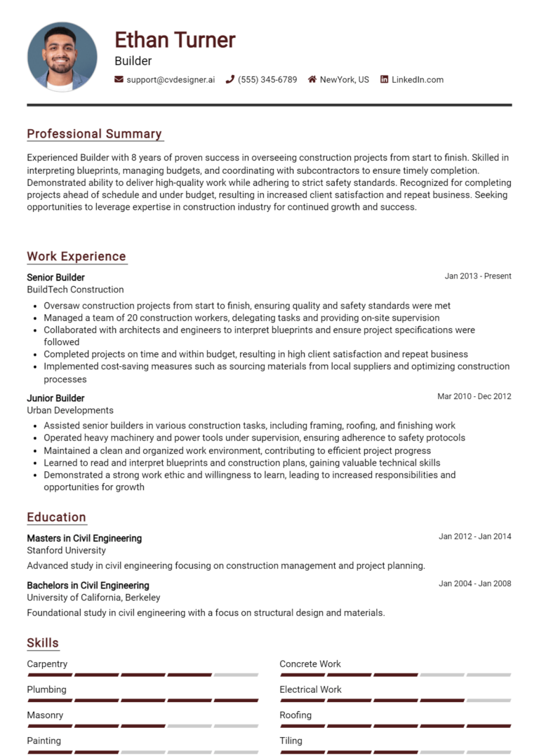 Builder Resume Example for 2024: Best Formatting Tips - CVDesigner.ai