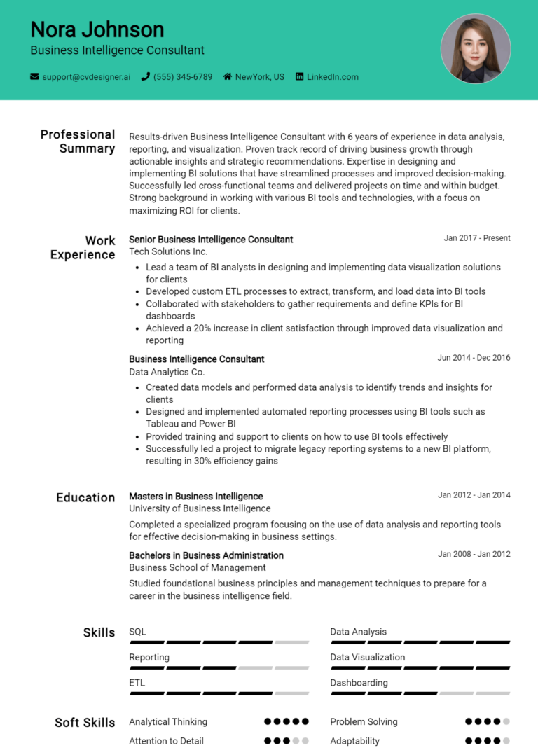 Business Intelligence Consultant Resume Example for 2024: Resume Guide - CVDesigner.ai