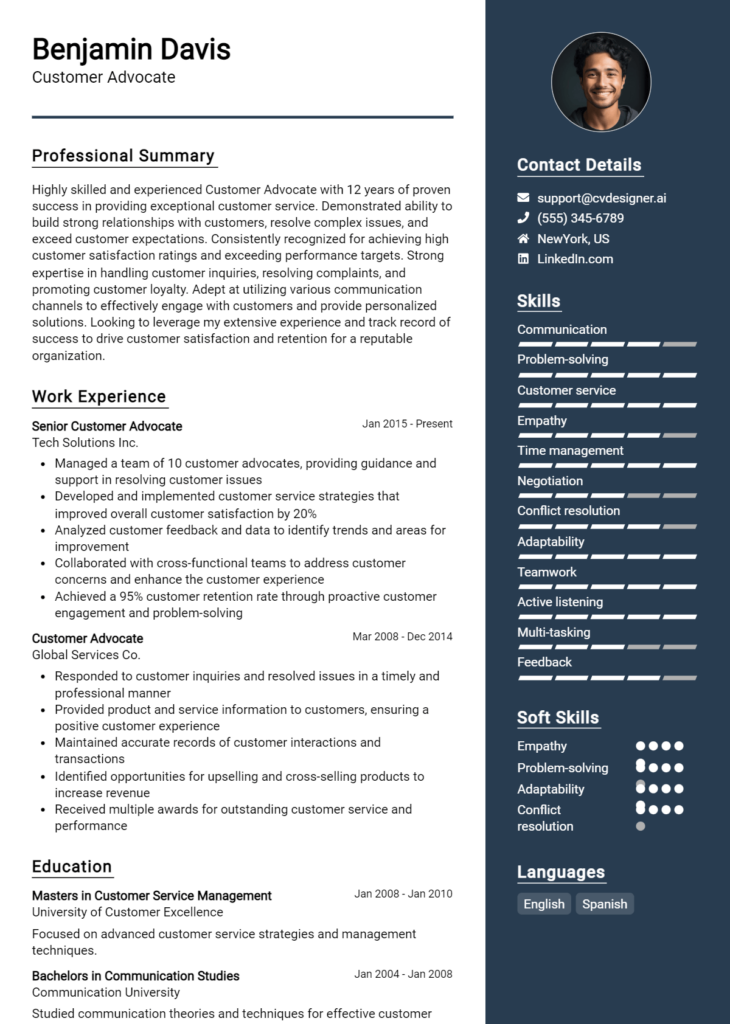 9 Customer Advocate Resume Examples And Templates for 2025 - CVDesigner.ai