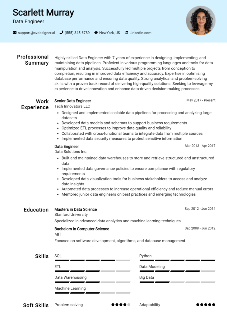 18 Data Engineer CV Examples And Downloadable Templates for 2025 ...