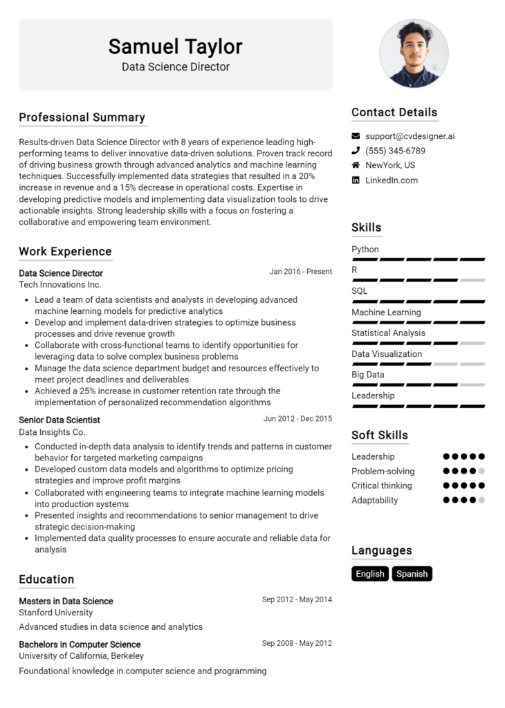 14 Data Scientist CV Examples And Templates for 2025 - CVDesigner.ai