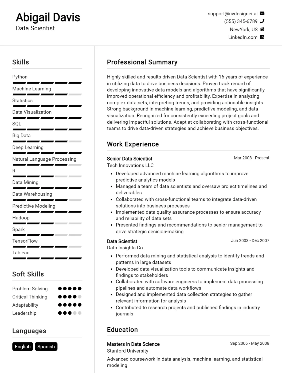 14 Data Scientist CV Examples And Templates for 2025 - CVDesigner.ai