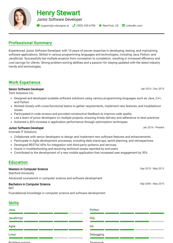 Junior Software Developer Resume Example for 2025: Free Samples ...