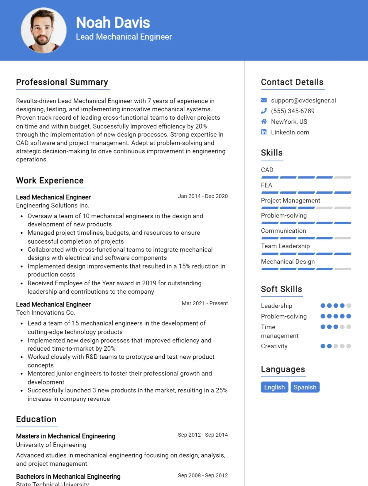 Lead Mechanical Engineer CV Example For 2025: Top Tips & Samples - CVDesigner.ai