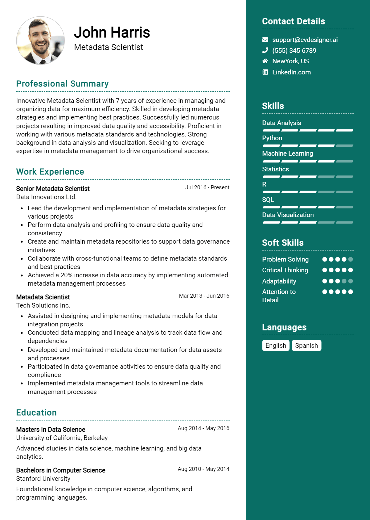 14 Data Scientist CV Examples And Templates for 2025 - CVDesigner.ai