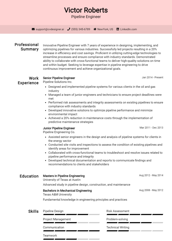Pipeline Engineer Resume Example for 2025: Strategies & Templates ...