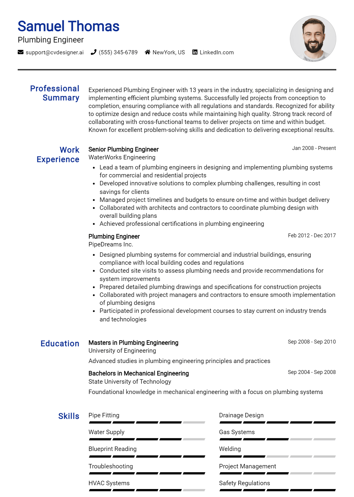 Plumbing Engineer Resume Example for 2024: Tips & Templates - CVDesigner.ai