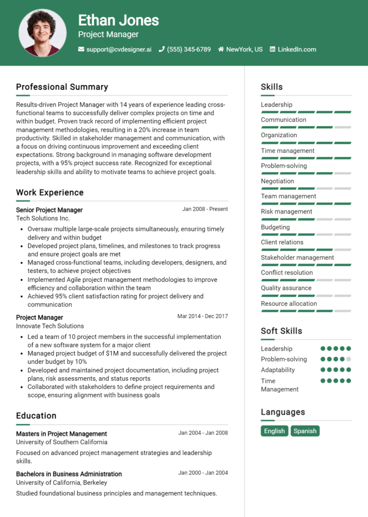 Project Manager Resume Example for 2025: Free Samples - CVDesigner.ai