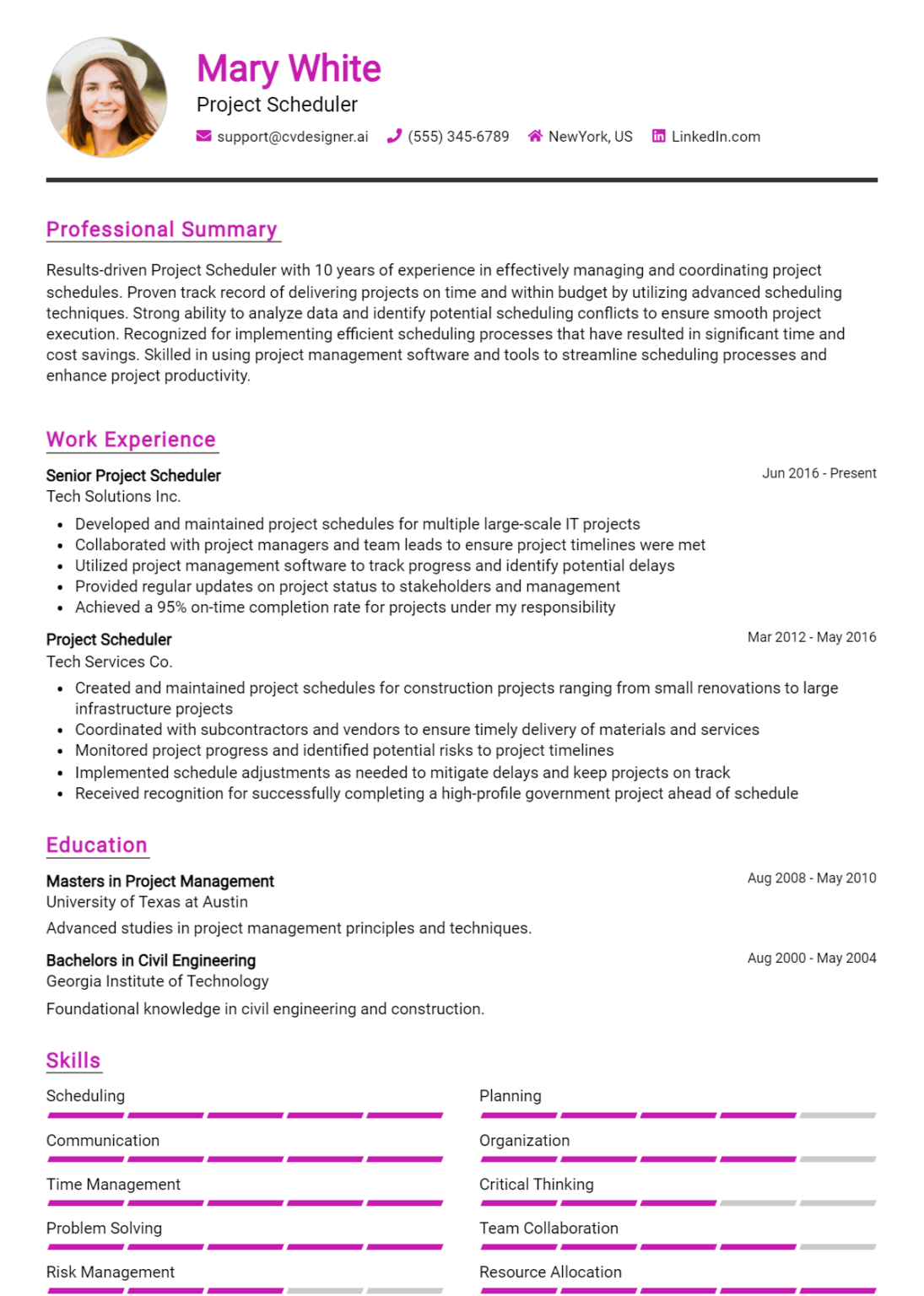 Project Scheduler Resume Example For 2025: Top Templates - Cvdesigner.ai