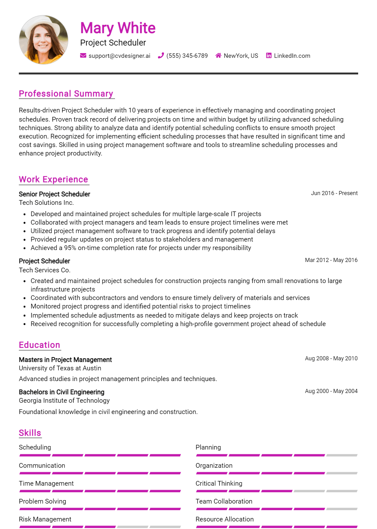 Project Scheduler Resume Example for 2025: Top Templates - CVDesigner.ai
