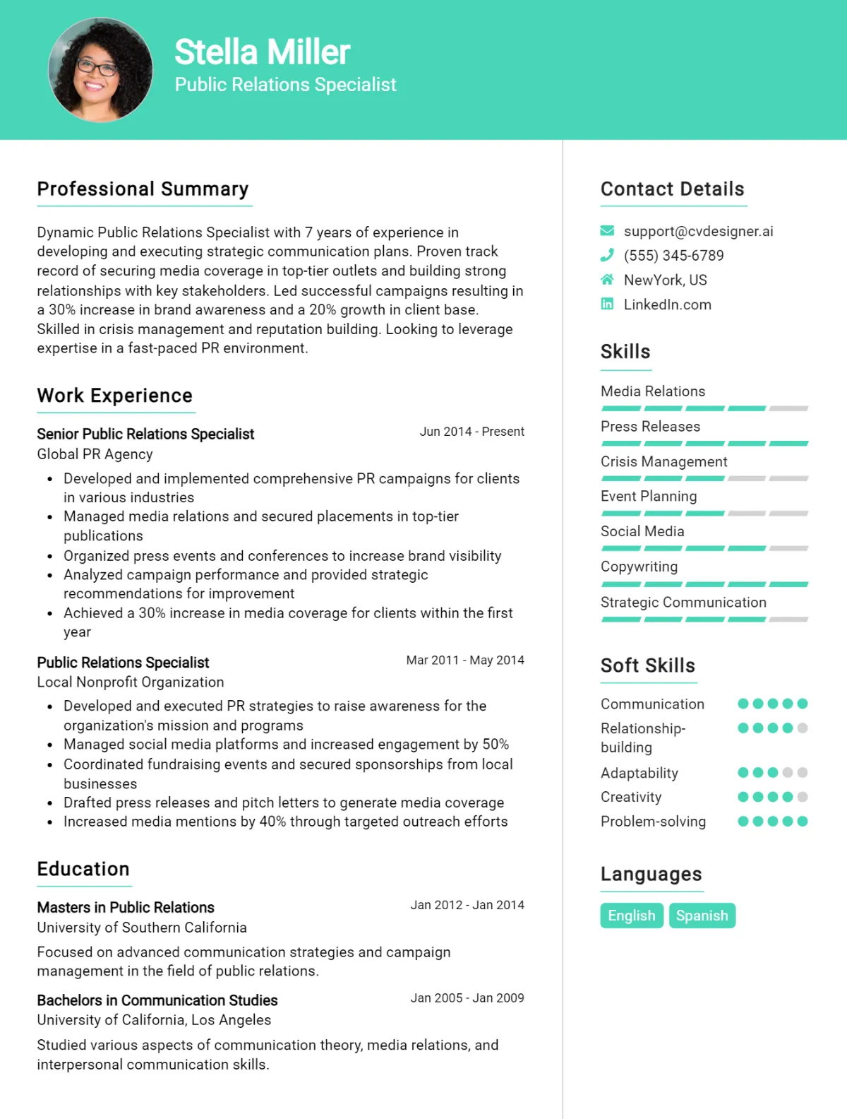 Public Relations Specialist CV Example For 2025: How to Craft a Winning CV - CVDesigner.ai