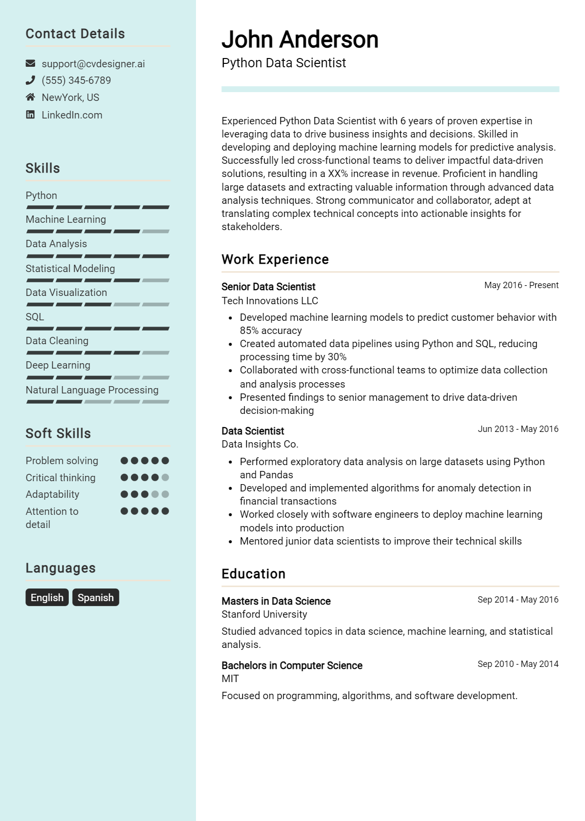 14 Data Scientist CV Examples And Templates for 2025 - CVDesigner.ai