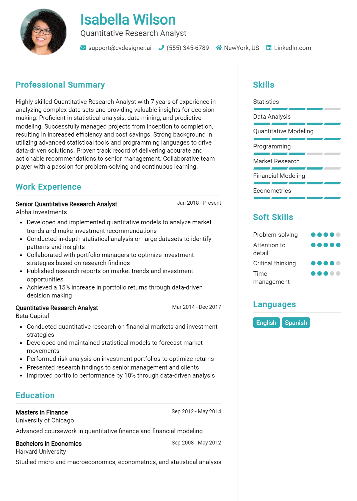 Quantitative Research Analyst Resume Example for 2025: Free Guide - CVDesigner.ai