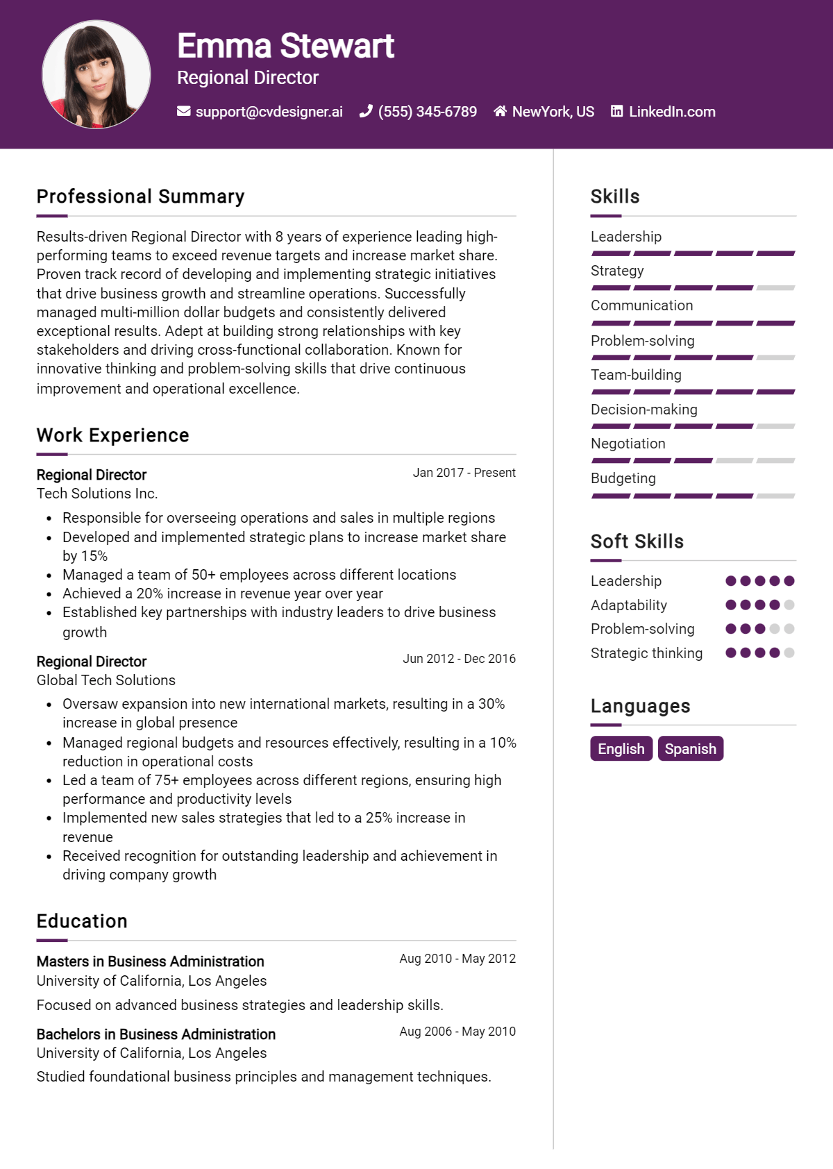 9 Regional Manager Resume Examples for 2025: Free Examples - CVDesigner.ai