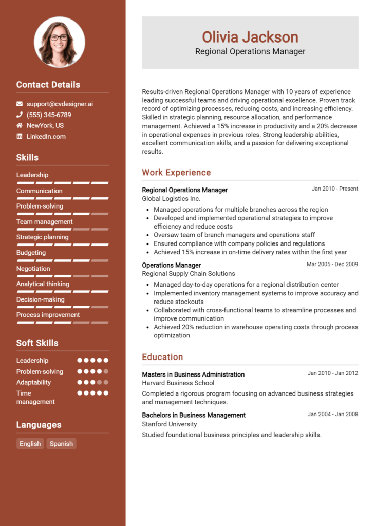 9 Regional Manager Resume Examples for 2025: Free Examples - CVDesigner.ai