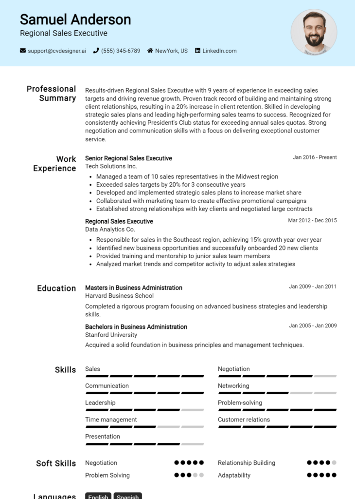 9 Regional Manager Resume Examples for 2025: Free Examples - CVDesigner.ai