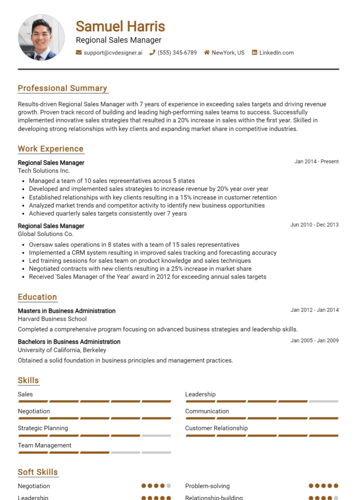 9 Regional Manager Resume Examples for 2025: Free Examples - CVDesigner.ai