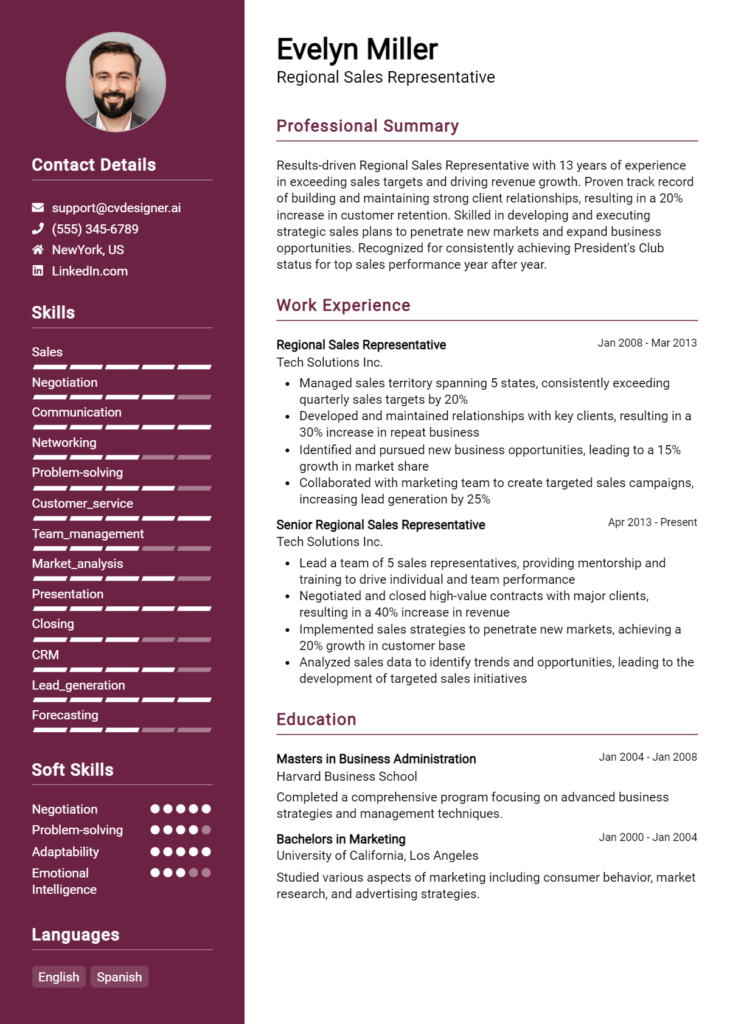 9 Regional Manager Resume Examples for 2025: Free Examples - CVDesigner.ai