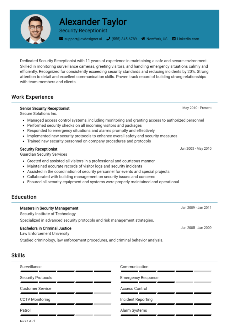 7 Security Receptionist Resume Examples For 2025: Free Examples 