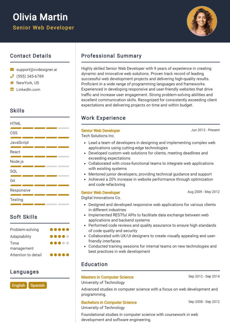 25+ Web Developer CV Examples and Free Templates For 2024 - CVDesigner.ai