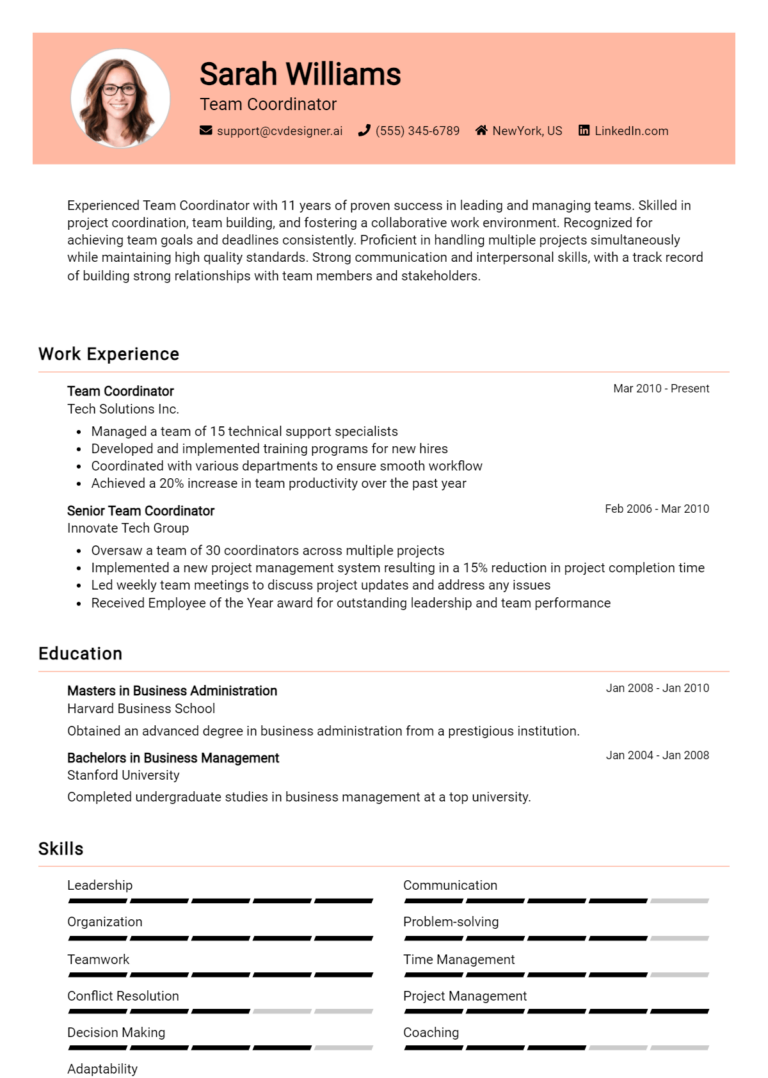 10 Team Coordinator Resume Examples for 2024: Effective CV Writing Tips ...
