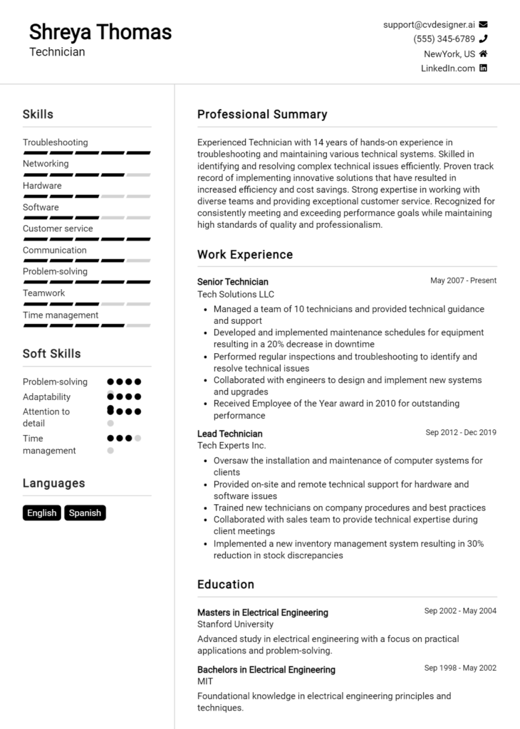 Technician Resume Example for 2025: Free Professional Templates ...
