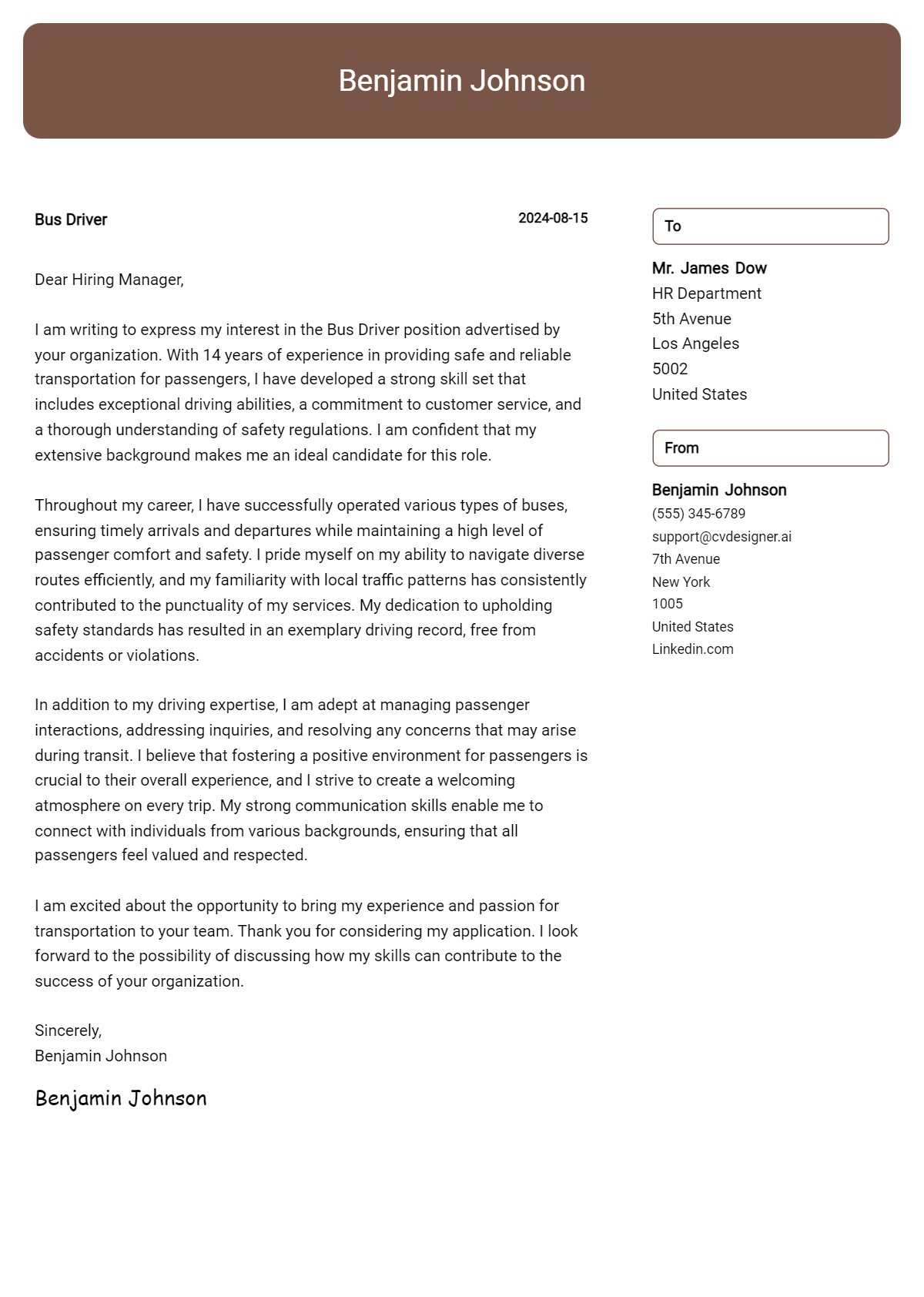 Bus Driver Cover Letter Examples with Writing Tips for 2024 - CVDesigner.ai