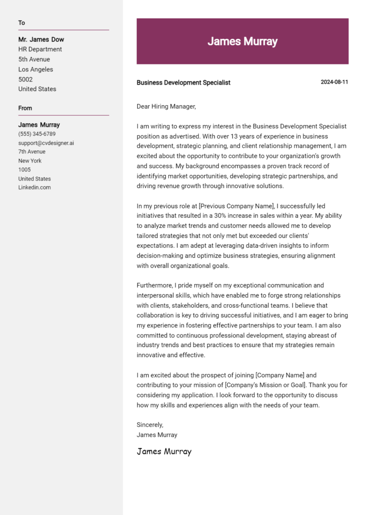 Business Development Specialist Cover Letter Examples and Templates for ...