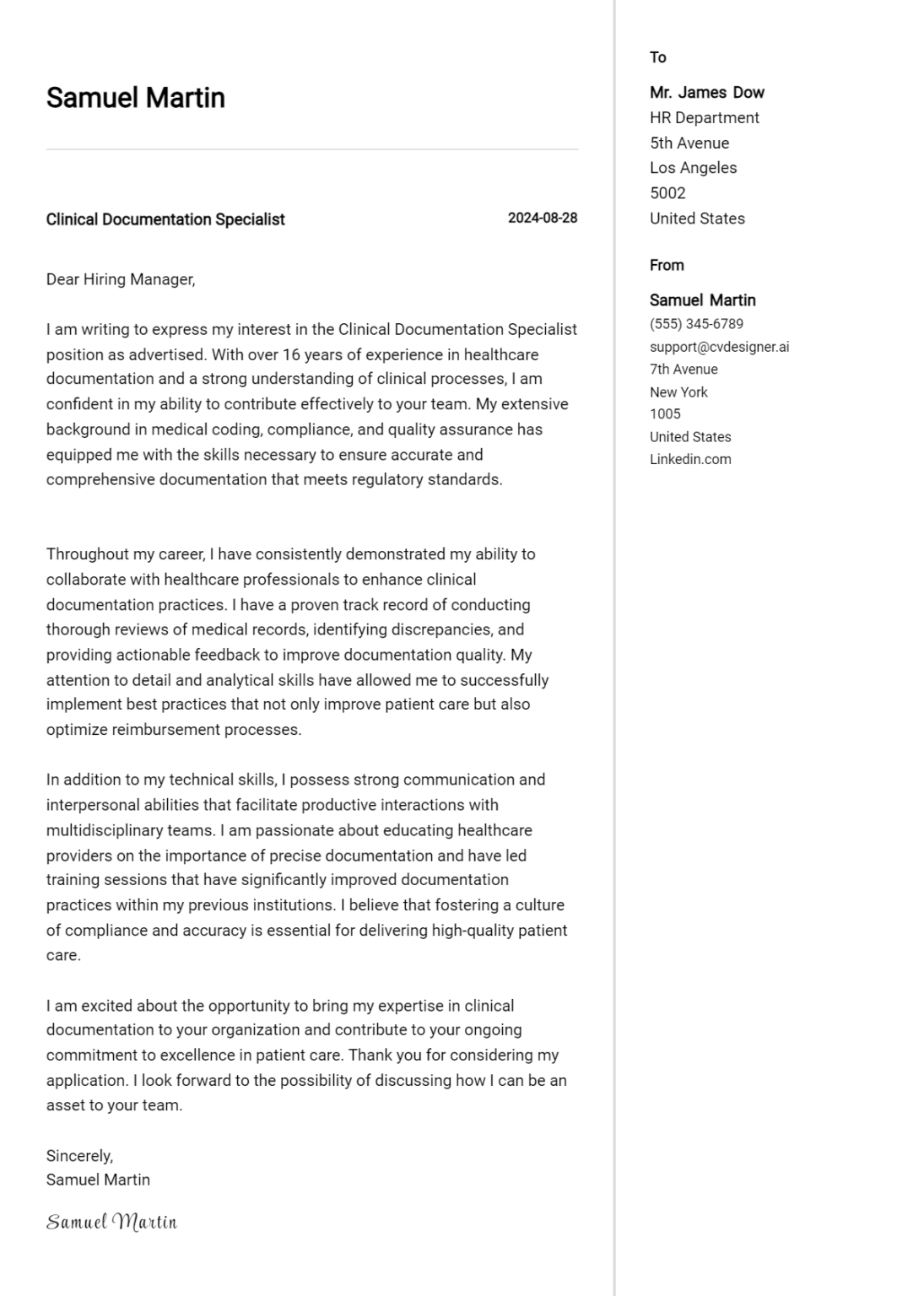 Clinical Documentation Specialist Cover Letter Examples & Samples for 2024 - CVDesigner.ai