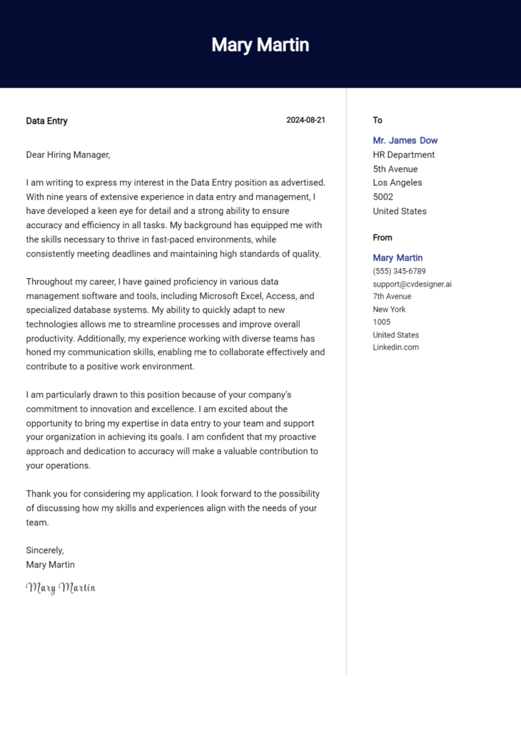 Data Entry Cover Letter Examples and Templates for 2025 - CVDesigner.ai