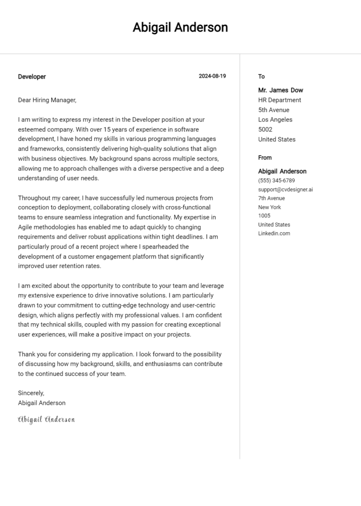 Developer Cover Letter Example for 2025: Proven Tips - CVDesigner.ai