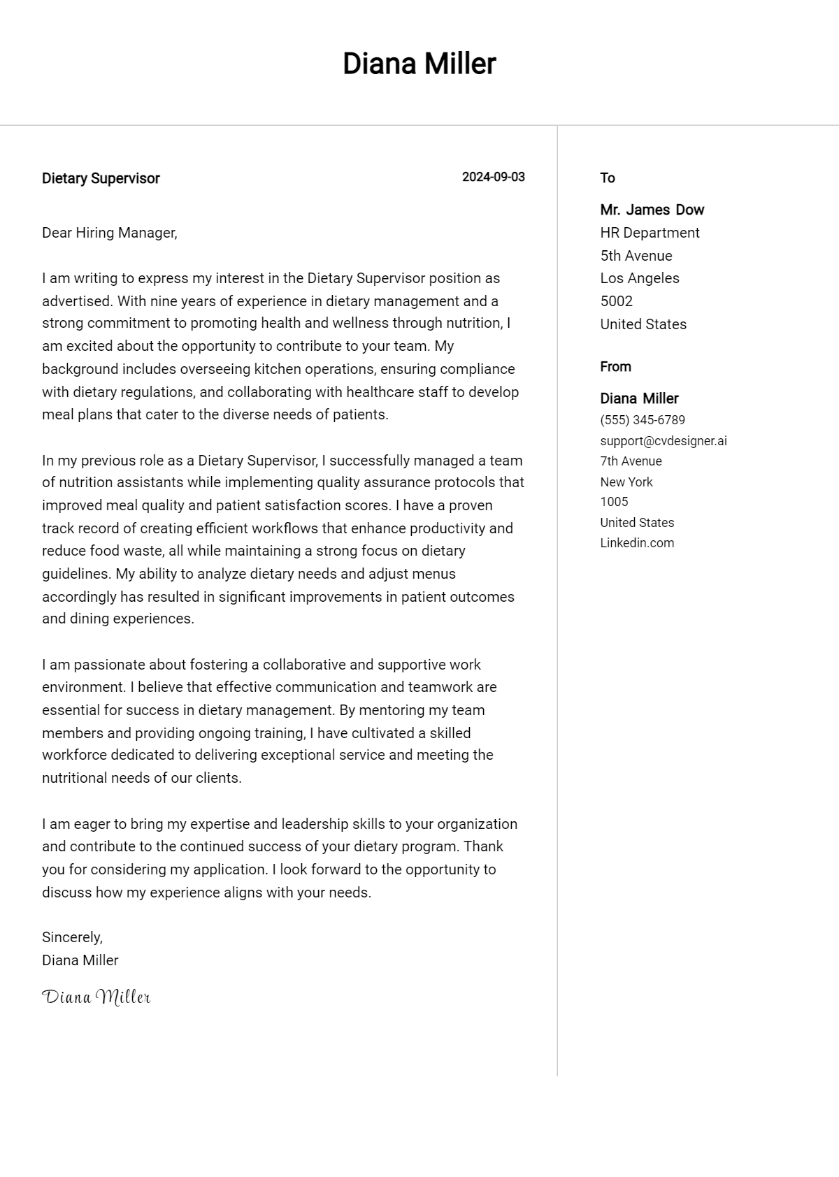Dietary Supervisor Cover Letter Samples & Examples 2024 - CVDesigner.ai Dietary Supervisor Cover Letter Samples & Examples 2024 - CVDesigner.ai