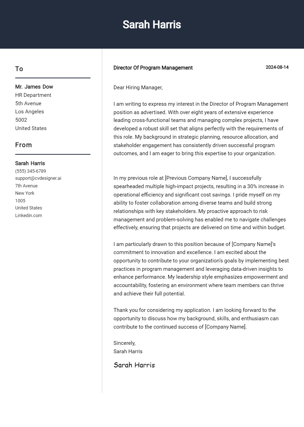 20 Program Manager Cover Letter Examples & Samples for 2024 - CVDesigner.ai
