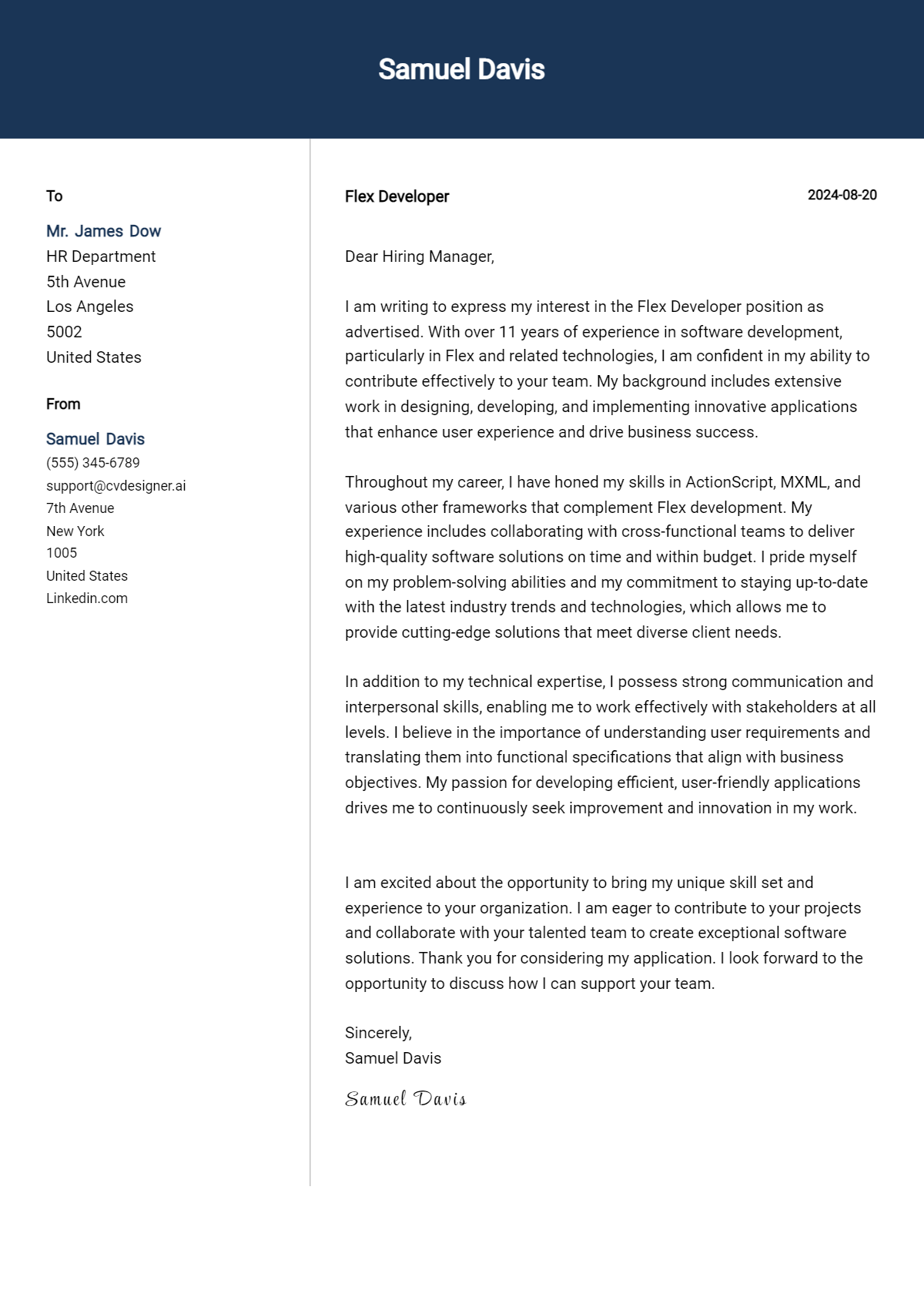 Flex Developer Cover Letter Examples and Templates for 2025 - CVDesigner.ai