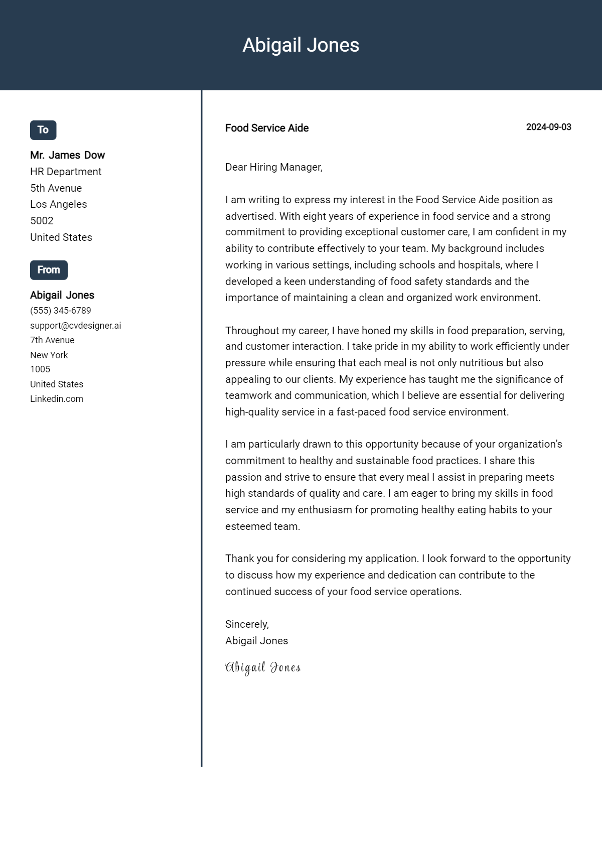 18 Waiter Cover Letter Examples for 2024: Free Templates - CVDesigner.ai