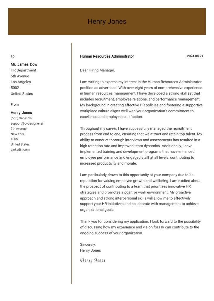 Human Resources Administrator Cover Letter Example for 2024 (Free ...