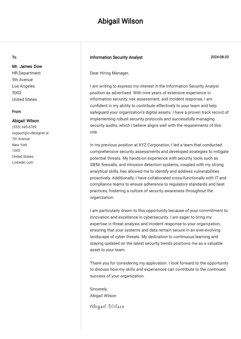 14 Information Security Analyst Cover Letter Examples for 2024 (Downloadable) - CVDesigner.ai