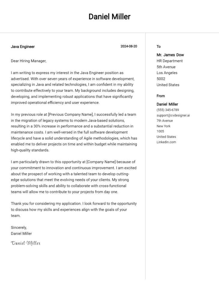 Java Engineer Cover Letter Examples and Templates for 2025 - CVDesigner.ai