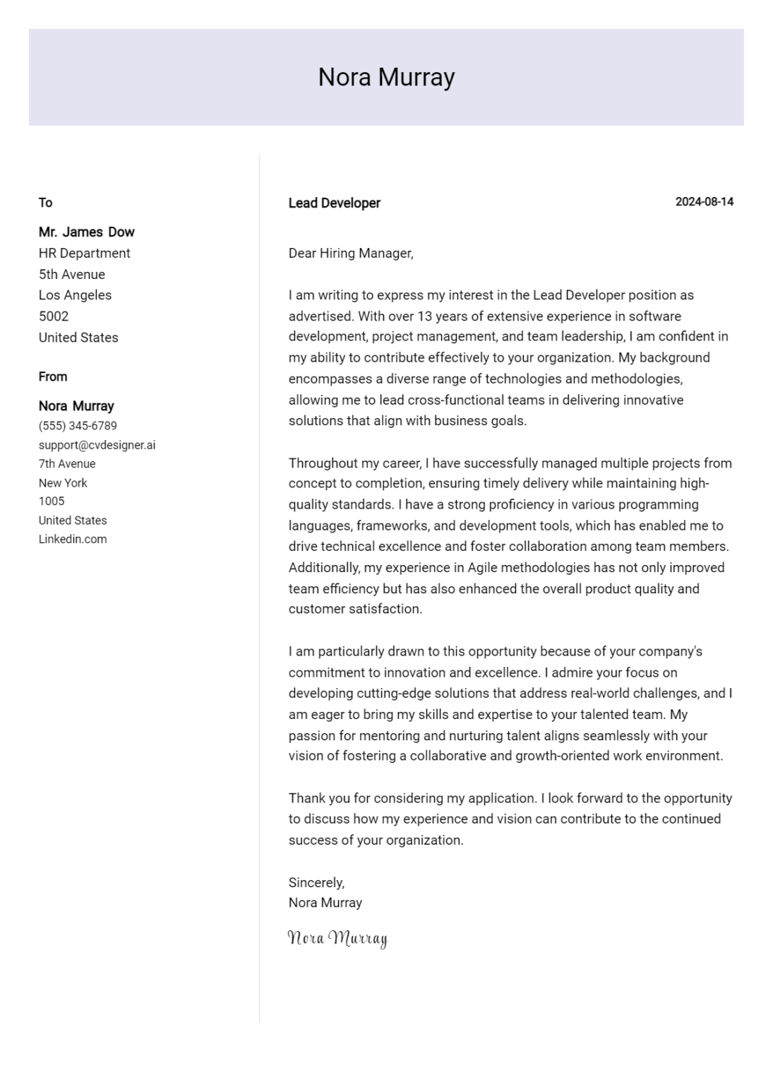 Lead Developer Cover Letter Example for 2024: Proven Tips - CVDesigner.ai