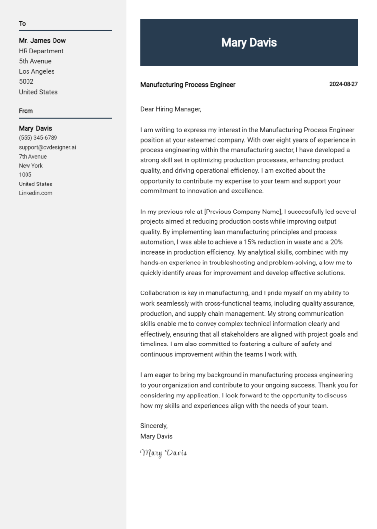 Manufacturing Process Engineer Cover Letter Examples & Samples for 2024 ...