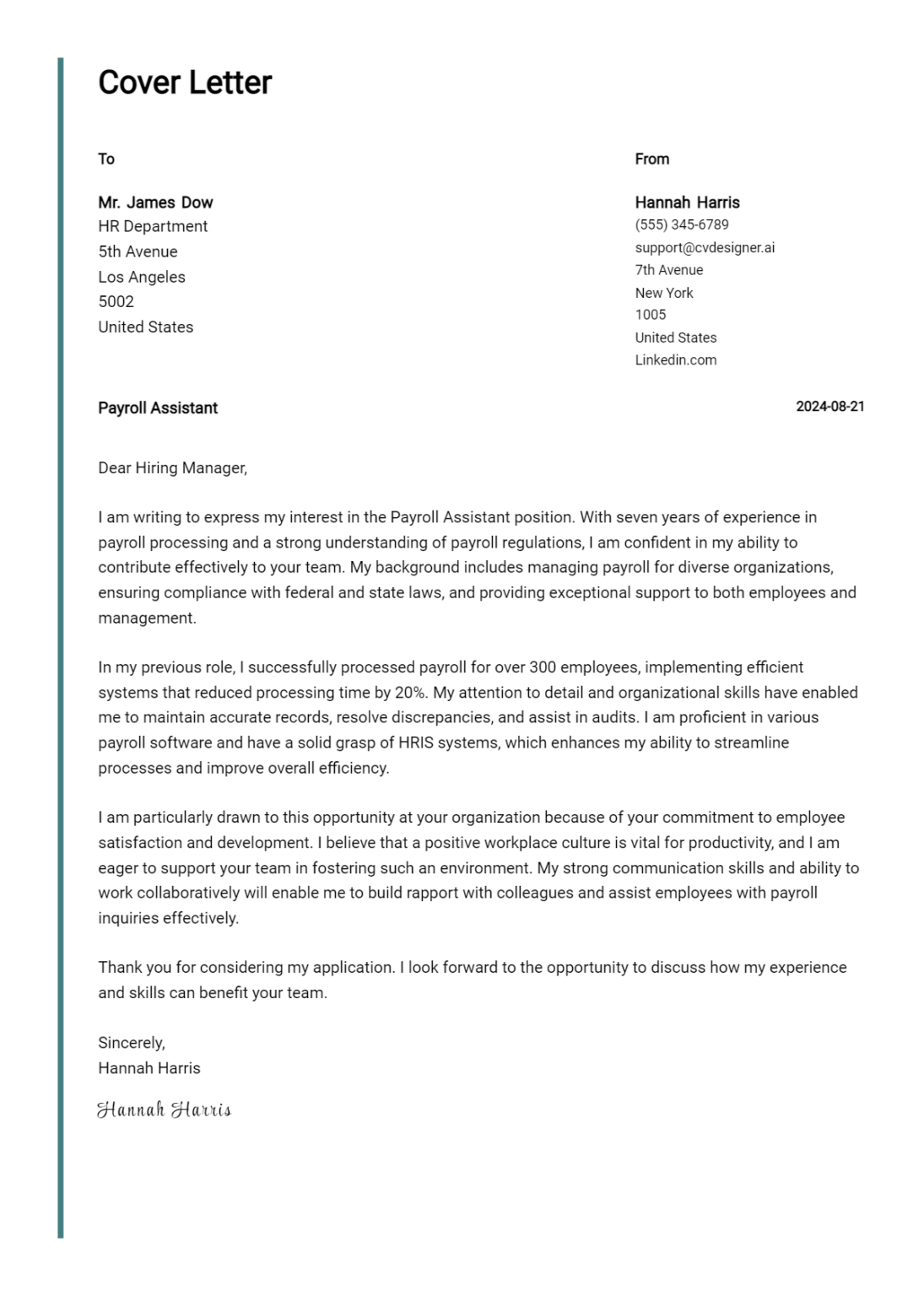 Payroll Assistant Cover Letter Example for 2024: Top CV Skills ...