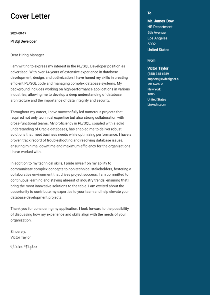 Pl Sql Developer Cover Letter Examples and Templates for 2024 ... Pl Sql Developer Cover Letter Examples and Templates for 2024 ...