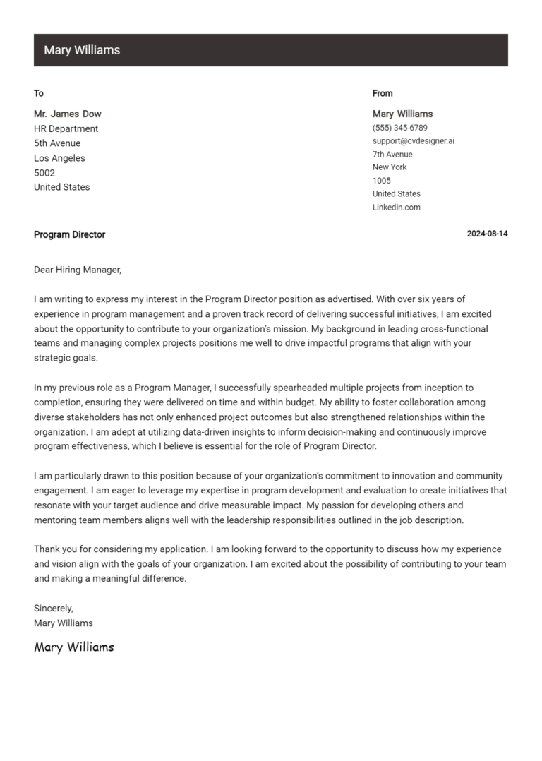 20 Program Manager Cover Letter Examples & Samples for 2024 - CVDesigner.ai