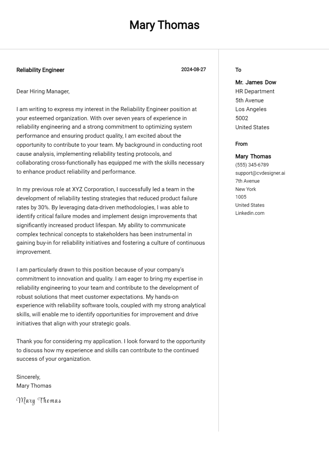 Reliability Engineer Cover Letter Examples with Writing Tips for 2025 ... Reliability Engineer Cover Letter Examples with Writing Tips for 2025 ...