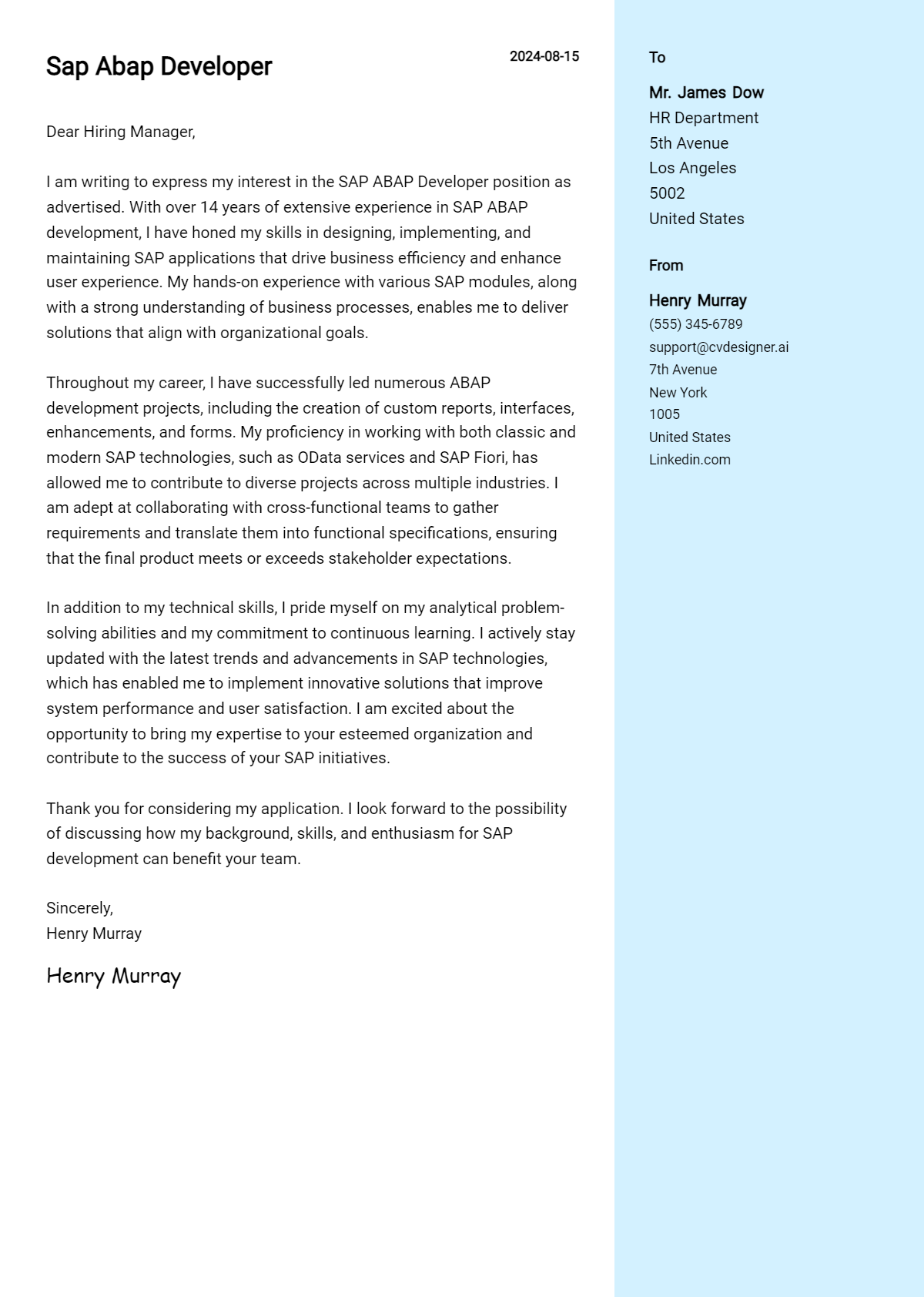 SAP ABAP Developer Cover Letter Examples & Samples for 2024 - CVDesigner.ai