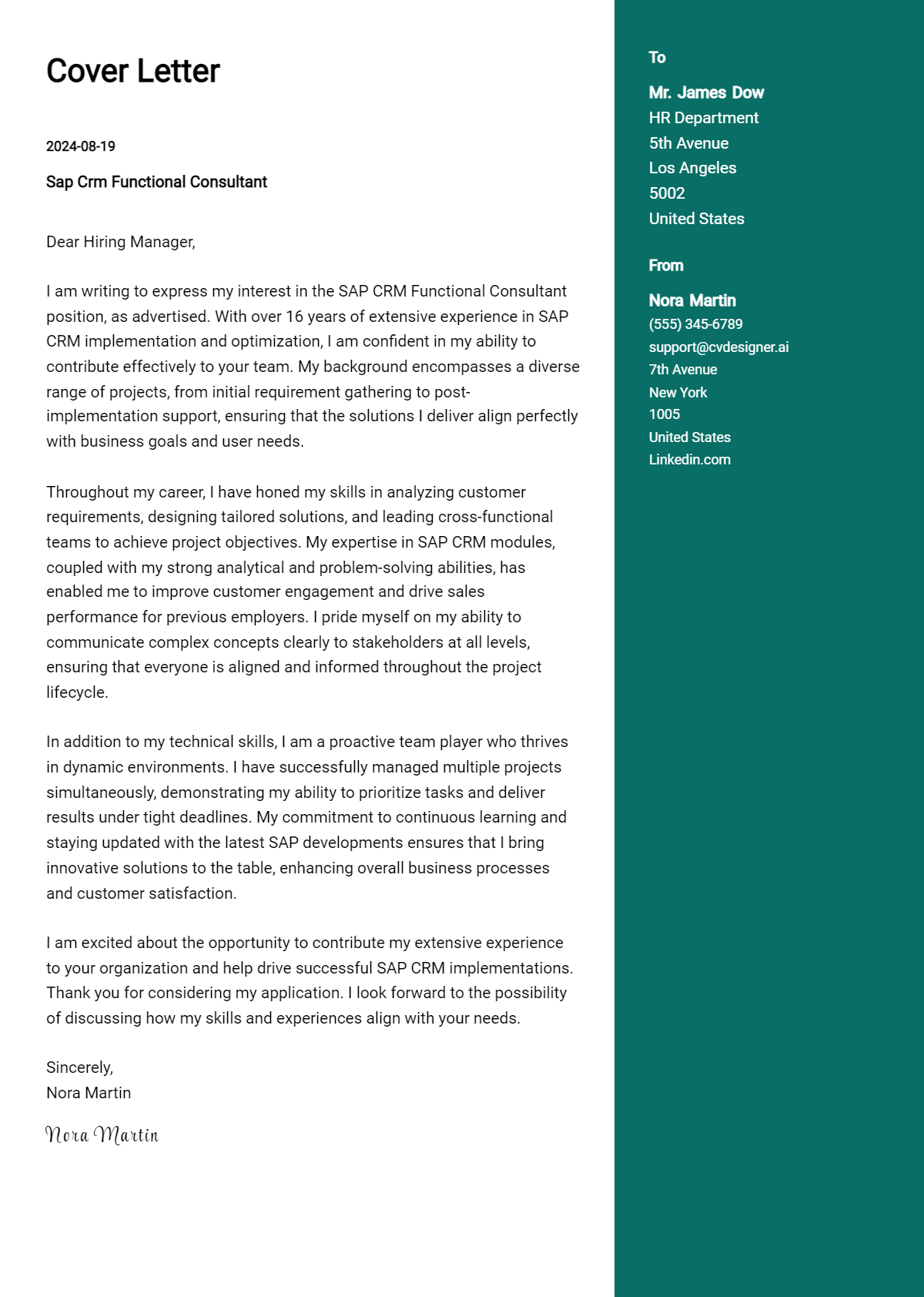 SAP CRM Functional Consultant Cover Letter Example for 2024: Top CV ...