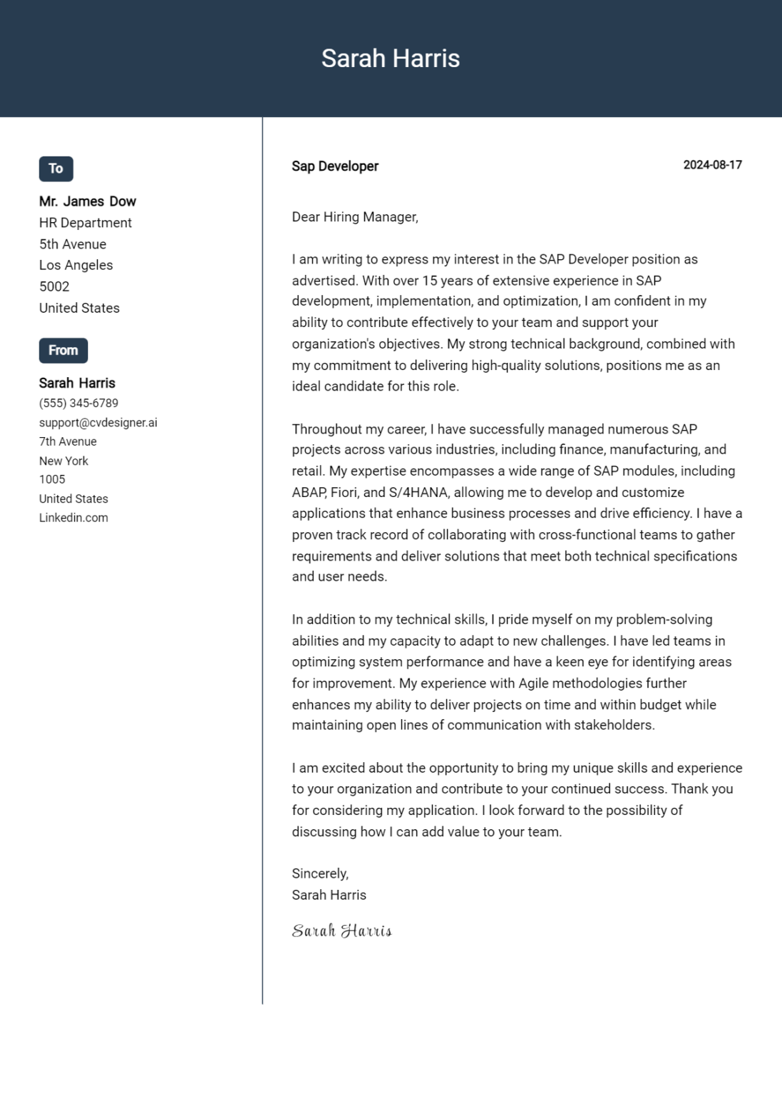 SAP Developer Cover Letter Example for 2024 (Download Templates ...
